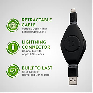 ReTrak Premier Series ETLTUSBBLK Retractable Lightning to USB Charge and Sync Cable for iPhone, iPod, and iPad (Black), 3.2 feet