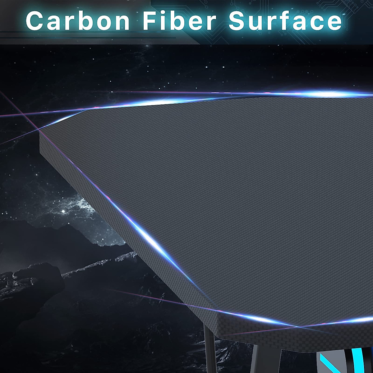 JOY worker Gaming Desk with LED Lights, 47 Inch Gamer Desk Carbon Fiber Desktop, Game Desk with Cup Holder, Home Office Gaming Room Workstation, Black