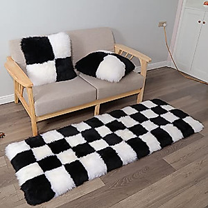 LLB Premium Sheepskin Rug Fluffy Plaid Rug 72 x 24 Inches Black and White Check Luxury Wool Rug for Bedroom Living Room (Black & White Plaid, 24''x72'')