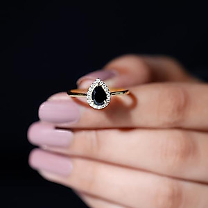 Certified Black Spinel Diamond Halo Engagement Ring, AAA Quality, Black Spinel 5X7mm Pear Shape Ring - Ready To Gift, 14K Yellow Gold, Size:US 7.50