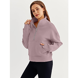 Trendy Queen Womens Half Zip Cropped Pullover Oversized Sweatshirts Fleece Quarter Zipper Hoodies Winter Clothes Sweaters Thumb Hole Darkpink