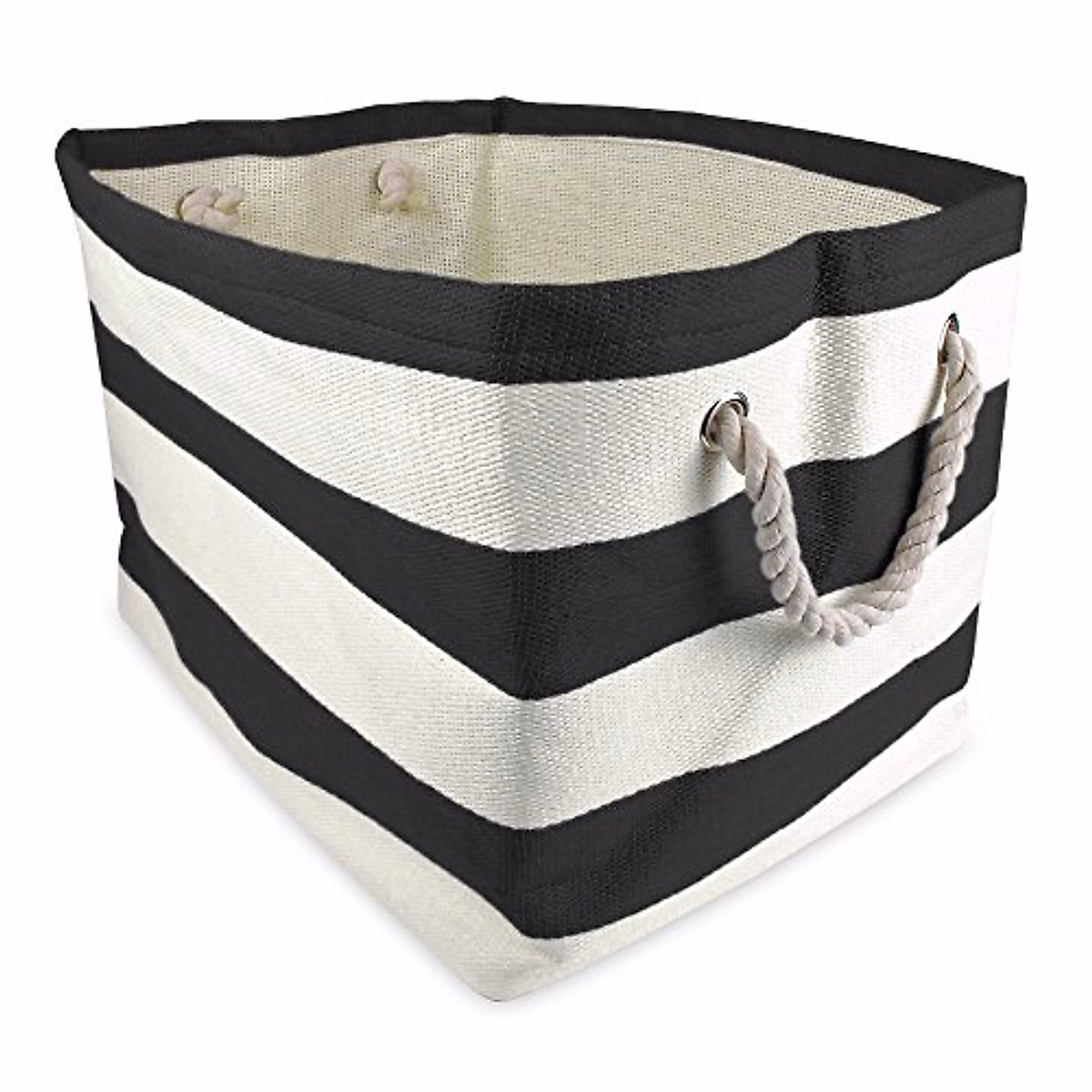 DII Durable Woven Striped Storage Bin Collapsible with Soft Rope Handles Reinforced with Metal Grommets, Medium, 15x10x12, Black