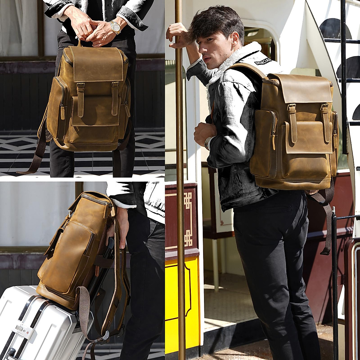 Masa Kawa Leather Backpack for Men 15.6 Inch Laptop Large Capacity Vintage College School Bag Hiking Daypack