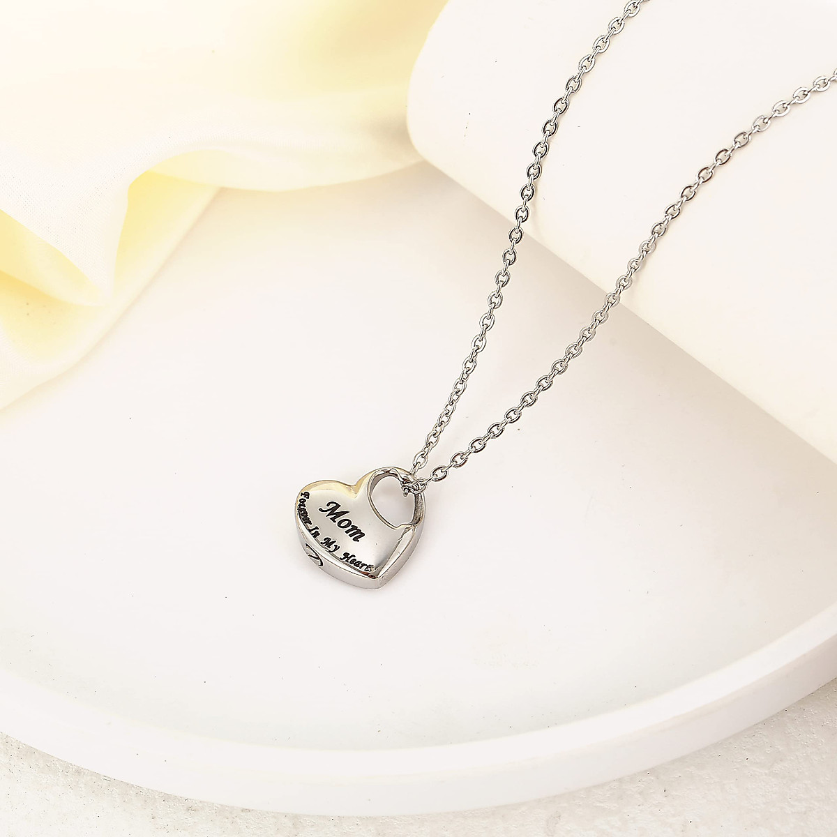 VIUJUH Cremation Urn Necklace for Ashes Urn Jewelry,Forever in My Heart Carved Locket,Stainless Steel Keepsake Waterproof Memorial Pendant for mom& dad Free Filling Kit (Mom)