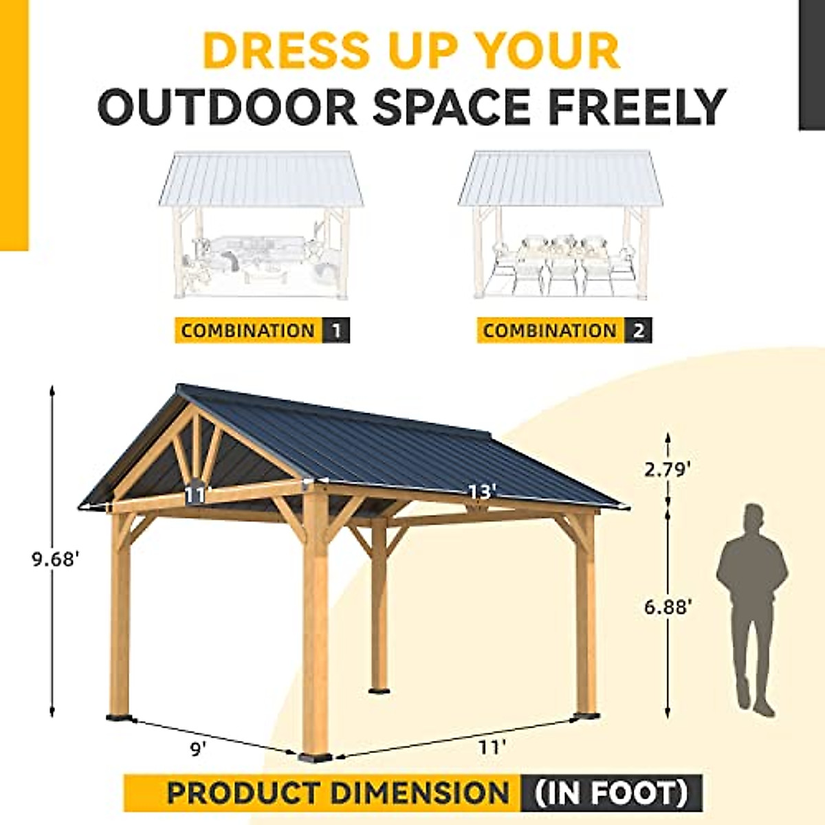 EROMMY 11'x13' Hardtop Gazebo, Outdoor Solid Wood Canopy Pavilion with Spruce Wooden Frame for Patio Backyard Deck Garden