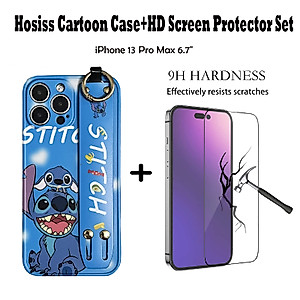 Hosiss Cartoon Case for iPhone 13 6.1'' with HD Screen Protector, Stitch Upgraded Wrist Strap Band Adjustable Lanyard TPU Shockproof Protective Phone Case for Women Girls