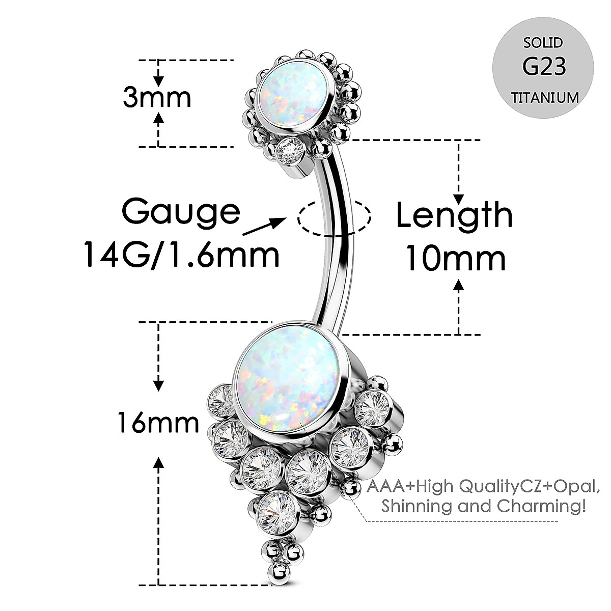 COCHARM G23 Titanium Belly Button Rings for Women Hypoallergenic Titanium Navel Rings 14g Internally Threaded White Opal Belly Ring