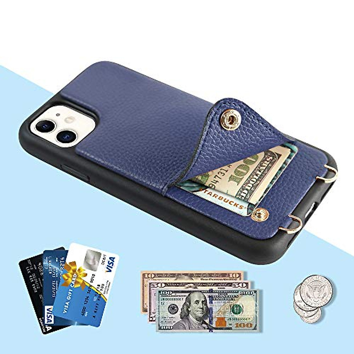 iPhone 12 Wallet Case, 6.1 inch, iPhone 12 Pro Wallet Case, JLFCH Crossbody Case with Credit Card Holder Lanyard Purse Women/Girly Protective for Apple iPhone 12 Pro (2020), 6.1 inch - Dark Blue