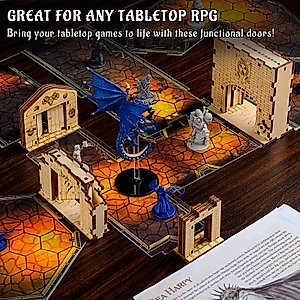 Dungeon Door & Portcullis Gate Miniatures (Set of 4) Wooden Laser Cut Open and Closed Fantasy Terrain 28mm Scale for Dungeons & Dragons, Pathfinder, D&D and Other Tabletop RPG