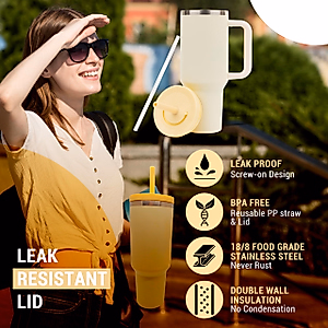C&Y Company Tumbler With Straw and Handle 40oz, 40oz Tumbler With Silicone Straw, Leakproof Lid, Spill Proof Lid, Insulation Double Wall Stainless Steel Tumbler With Handle (Cream Lemon)