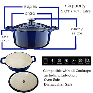 La Cuisine Enameled Cast Iron Dutch Oven Casserole Dish Pot with Lid, 5 QT 10.3” Dia. Cream White Enamel Interior 2-tone Sapphire Enamel Coating Exterior Oven-Safe