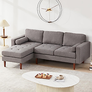 Kingfun 80" W L Shaped Sofa Couch with Reversible Chaise, 3 Seat Couch with Wide Chaise Lounge & Two Pillows, Mid-Century Modern Couch for Living Room, Convertible Sofa with Tufted Seat Cushion, Gray