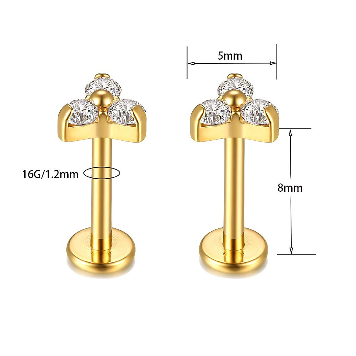 KaseStyle G23 Titanium Labret Studs 16G Lip Studs Earring Piercing Internally Threaded CZ Top Labret Monroe Helix Cartilage Tragus Piercing Studs-8mm 2 pairs gold triple&round CZ