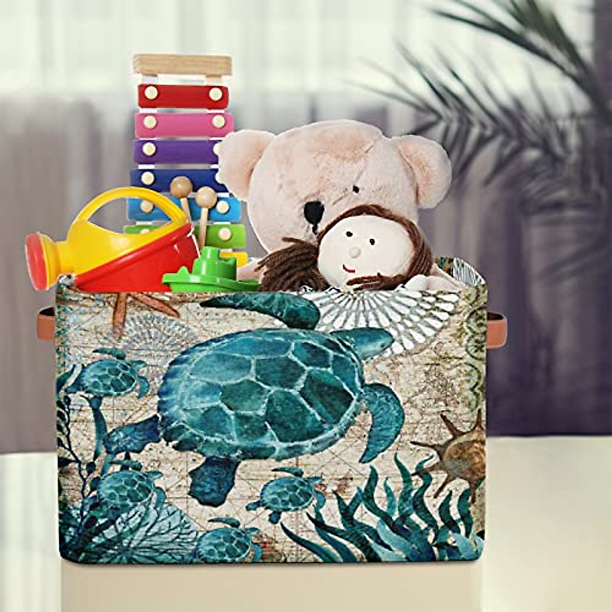 Ocean Turtle Rectangular Storage Bin, Sea Turtle Storage Basket with Handles, Toy Bins, Laundry Hamper, Books Clothes Bag, Gift Baskets for Nursery Home Closet