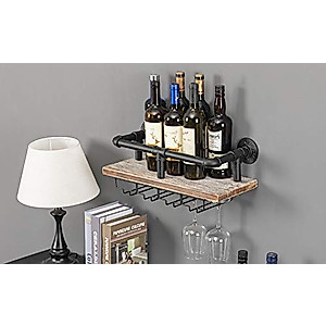 Industrial Wall Mounted Wine Rack, Wine Bottle Stemware Glass Rack, Floating Shelf Pipe Hanging Shelving with Glass Holders for Wine Glasses, Flutes, Mugs, Kitchen, Bar, (Retro Brown And Black)