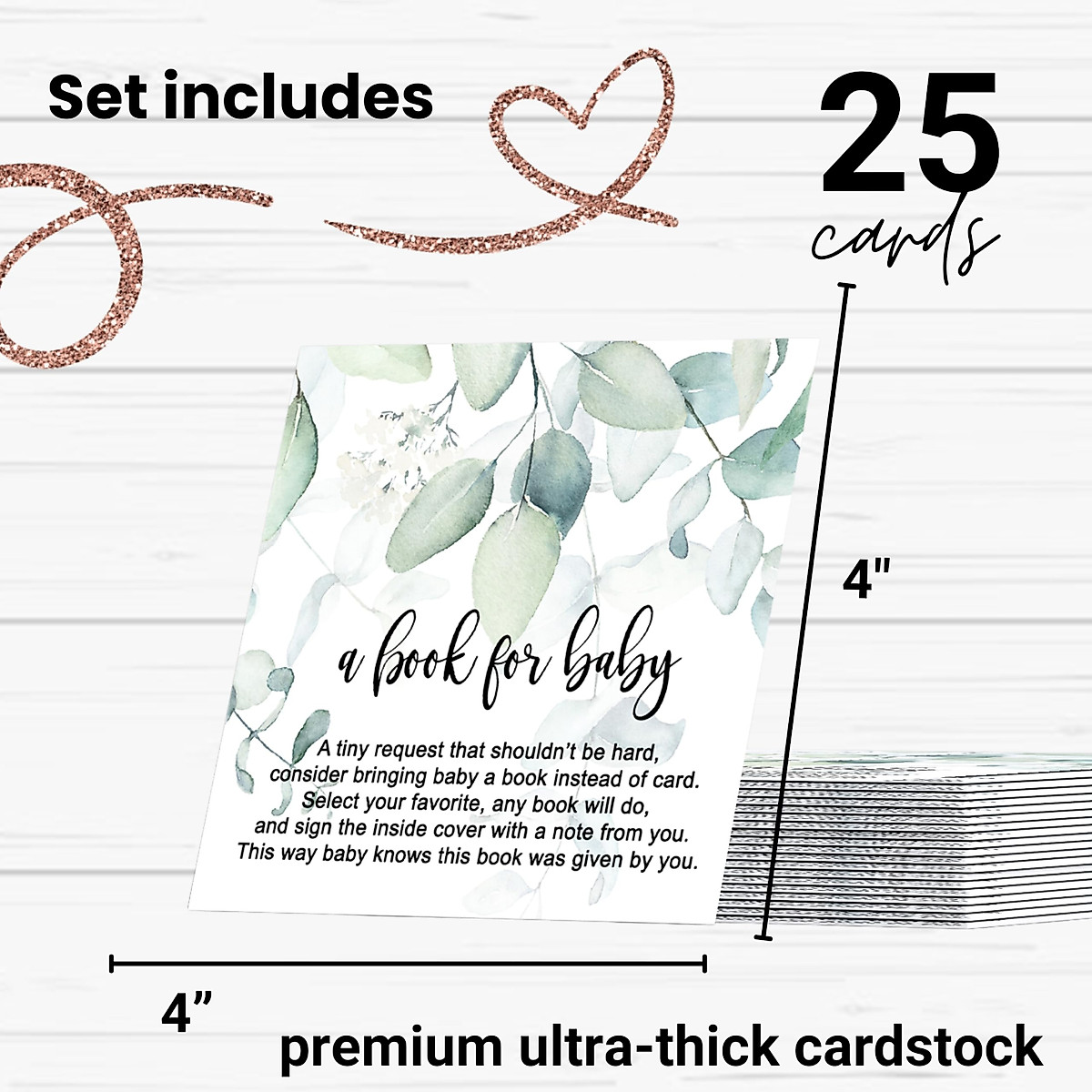 Paper Clever Party Greenery Books for Baby Shower Request Cards - 25 Pack - Rustic Eucalyptus Invitation Inserts - 4x4 Size