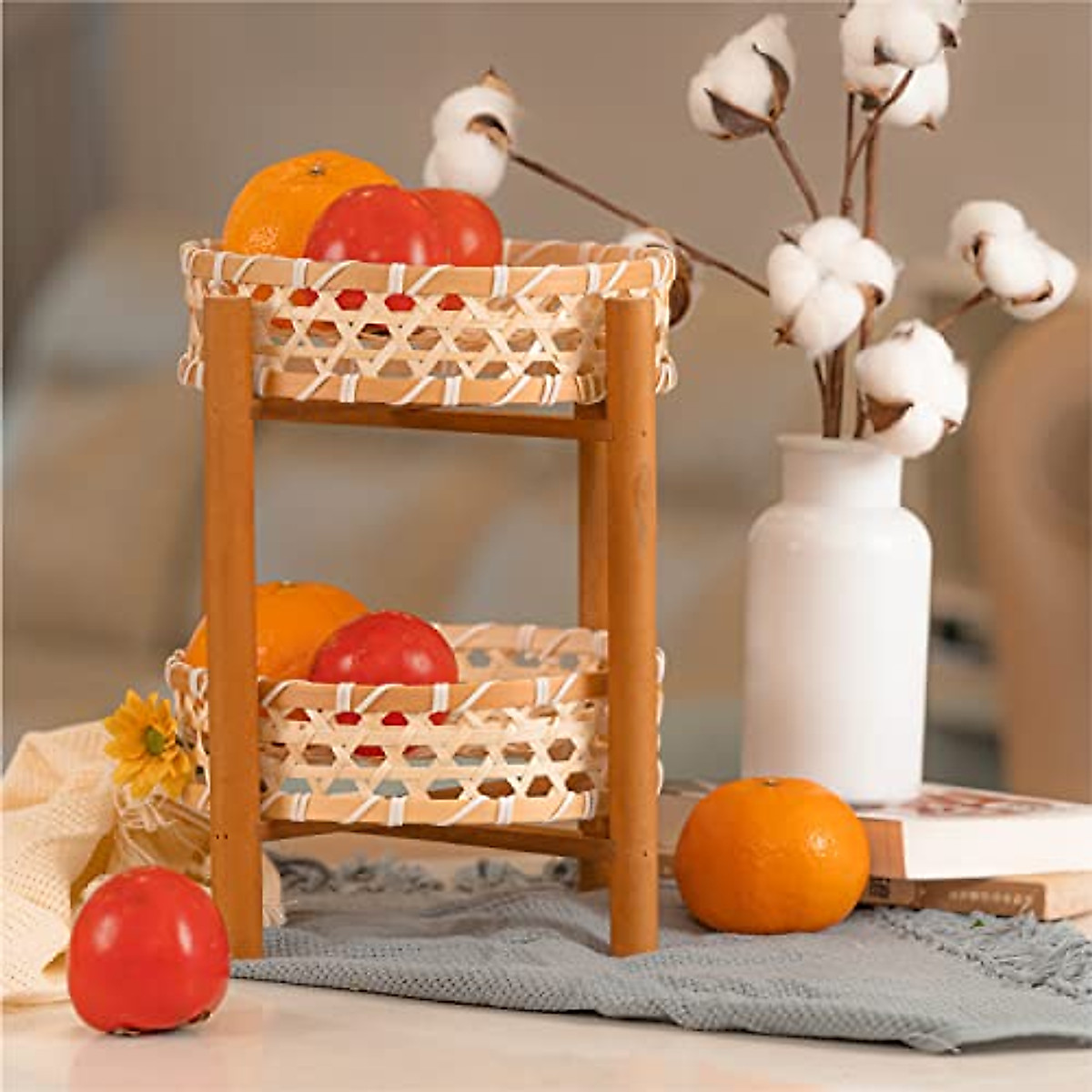 LiLaCraft 2-Tier Fruit Basket Removable Wicker Bamboo Serving Standing Trays, Tiered Serving Stands for Parties, Picnics, Kitchen, Serving Stands for Food Storage, Fruit and Dessert Holder