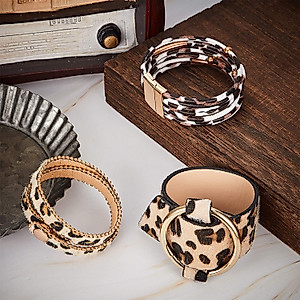 Hicarer 5 Pieces leopard bracelet Leopard Tube Bracelet Multilayer Leather Cuff Bracelet Boho Leopard print Wrap Bracelet for women