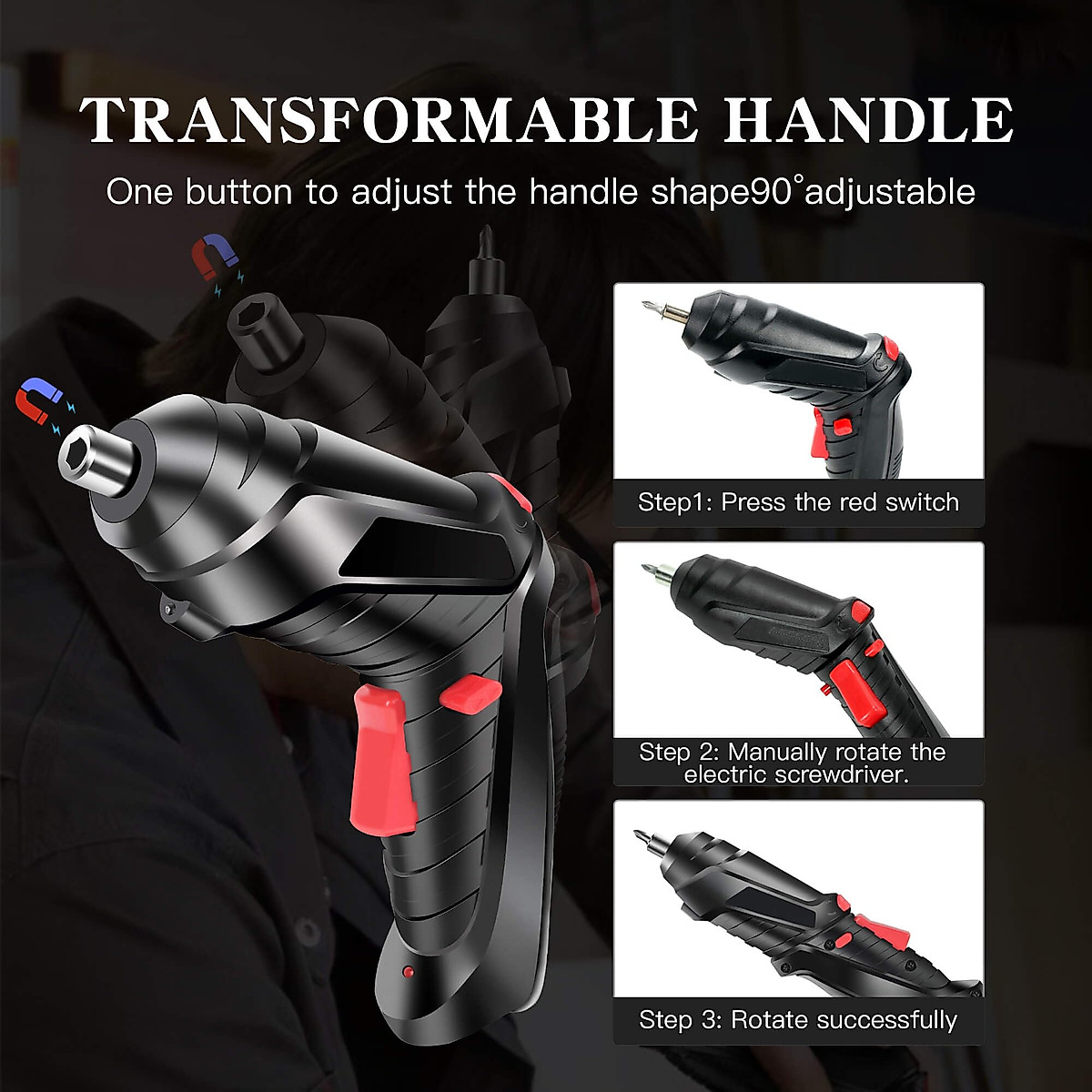 Electric Screwdriver 47pcs Cordless Screwdriver 3.5N.m Power Screwdriver, 3.6V Cordless Drill Screwdriver Rechargeable with Led Light, Deformation Handle (Large)