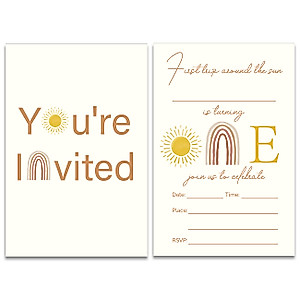 First Trip Around the Sun First Birthday Party Invitations with Envelopes Set of 20 Boho Sun Birthday Party Invites Fill in Blank