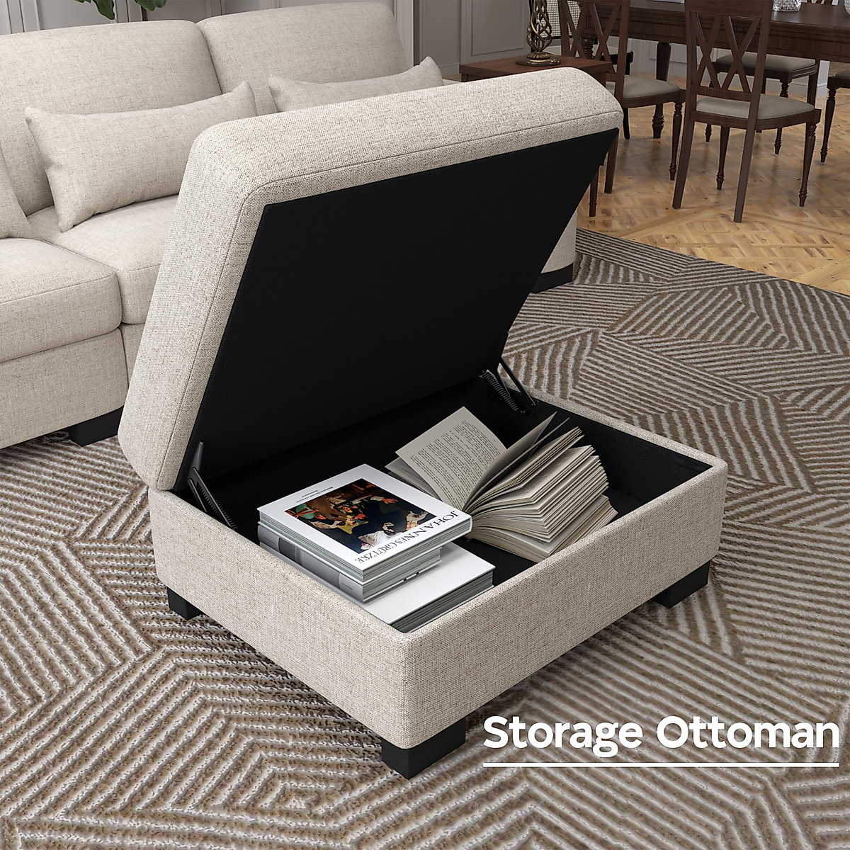 Lonkwa 130" Modular Sectional Sofa Couch, Beige Convertible L-Shaped Couch with 4 Pillow, 4 Seat Modern Fabric Modular Sectional Couch with Storage Ottoman, Sectional Couches for Living Room