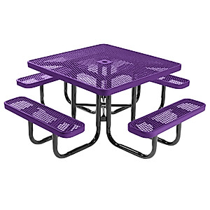 Coated Outdoor Furniture Heavy-Duty Portable Outdoor Picnic Table with Umbrella Hole, Expanded Metal Commercial-Grade Patio Dining Furniture Made in America (46" Square Top, Purple)