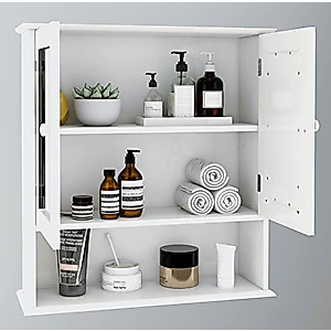 Bathroom Medicine Cabinet Wall Mounted with Double Mirror Doors, Wooden Hanging Bathroom Cabinet with Doors and Shelves, Bathroom Wall Mirror Cabinet, Multipurpose Wall Mounted Storage Cabinet, White