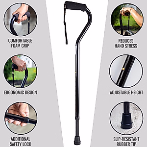DMI Walking Cane and Walking Stick for Adult Men and Women, FSA Eligible, Lightweight and Adjustable from 30-39 Inches, Supports up to 250 Pounds with Ergonomic Hand Grip and Wrist Strap, Black