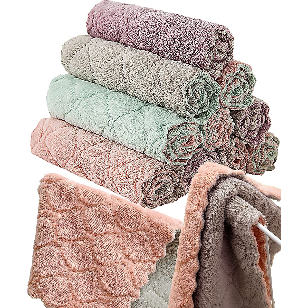 12 Pack Kitchen Towels Quick Dry Washcloths, Coral Velvet Dishtowels Multipurpose Reusable Cloths, Soft Tea Absorbent Cleaning Cloths Double-Sided Microfiber Lint Free Rags.