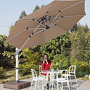 Mojia 11 FT Cantilever Patio Umbrella with Cross Base and Cover Included - 360° Rotation Offset Hanging Umbrella Large Heavy Duty Outdoor Umbrella with Easy Tilt for Pool Backyard Deck Garden, Khaki