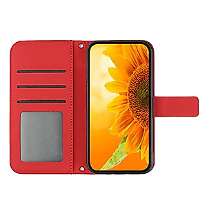 ONV Wallet Case for Oppo Realme 7 Pro - with 1.5M Strap Sunflower Flip Leather Case Embossment Card Slot Shockproof Kickstand Magnetic Cover for Oppo Realme 7 Pro [HT] -Red-T