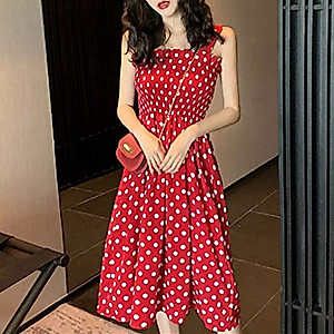 COTECRAM Maxi Dress for Women Beach Boho Strap Sundresses Fashion Polka Dot Ruffle Sleeveless A Line Party Swing Dress Plus Size Fashion Vacation Outfit Loose Long Maternity Dress(B Red,X-Large)