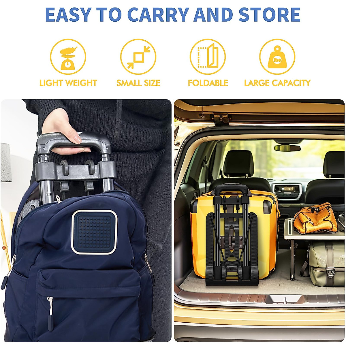 Folding Hand Truck Lightweight Portable Cart,VDHU 2 Wheels Fold Up Hand Cart with Elastic Ropes,Compact Utility Cart with 40kg/90lbs Heavy Duty 2 Wheels for Moving Travel Shopping Office Luggage Use