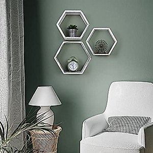 SEHERTIWY Hexagonal Floating Shelves Wall Mounted Set of 3 Wood Farmhouse Storage Honeycomb Wall Shelf for Bathroom, Kitchen, Bedroom, Living Room, Office,Driftwood Finish