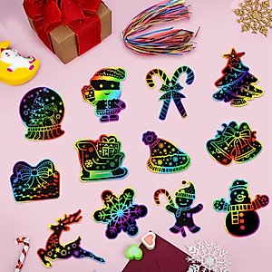 60 Pcs Christmas Scratch Art for Kids, Rainbow Scratch Paper Christmas Crafts for Kids, Scratch Art for Christmas Party Favors Gifts DIY Craft Decoration (60 Papers, 60 Cords and 24 Wood Sticks)