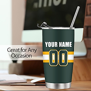 Custom Green Bay Tumbler 20oz Stainless Steel with Lid & Straw Personalized Football Fans Gifts for Women Men Coffee Travel Mug Cup Add Name Number