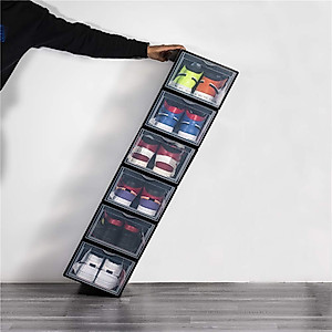S-JIANG Shoe Boxes Clear Plastic Stackable, Drop Front Shoe Display Box Large Storage Containers Shoe Box Organizer for Sneaker Men Women (Black, 4 PACK)