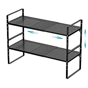 iPEGTOP 2 Pack Large Expandable Kitchen Cabinet Shelf Organizer Rack, Heavy Duty Steel Stackable Pantry Storage Shelves Rack, Cupboard Shelf for Home Office Kitchen Bathroom Garage, Black