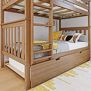 Max & Lily Bunk Bed, Twin-Over-Twin Bed Frame for Kids with Trundle, Pecan