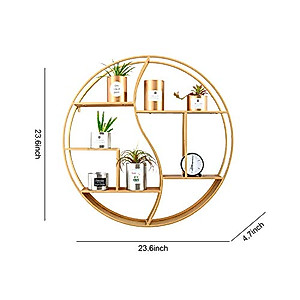 GLCS GLAUCUS Floating Shelves Wall Mounted,Rustic Decor Wood Wall Shelf Round Metal Wall Mount Display Organizer Holder for Home Decor,Gold