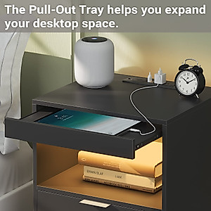 Tiptiper Black Nightstand with Wireless Charging Station and LED Lights, Bedside Table with 2 Drawers, Open Storage, 1 Pull-Out Tray, End Side Table with Charging Station, LED Night Stand with Storage
