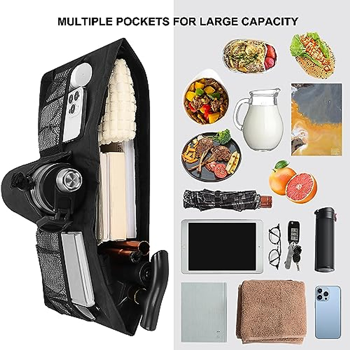 supregear Universal Accessories Bag for Walker, Wheelchair, Rollator, Scooters, Seniors Detachable Preserve Heat Cooler w/Cup Holder-Folding Walker Basket Waterproof Walker Caddy Pouch, Black