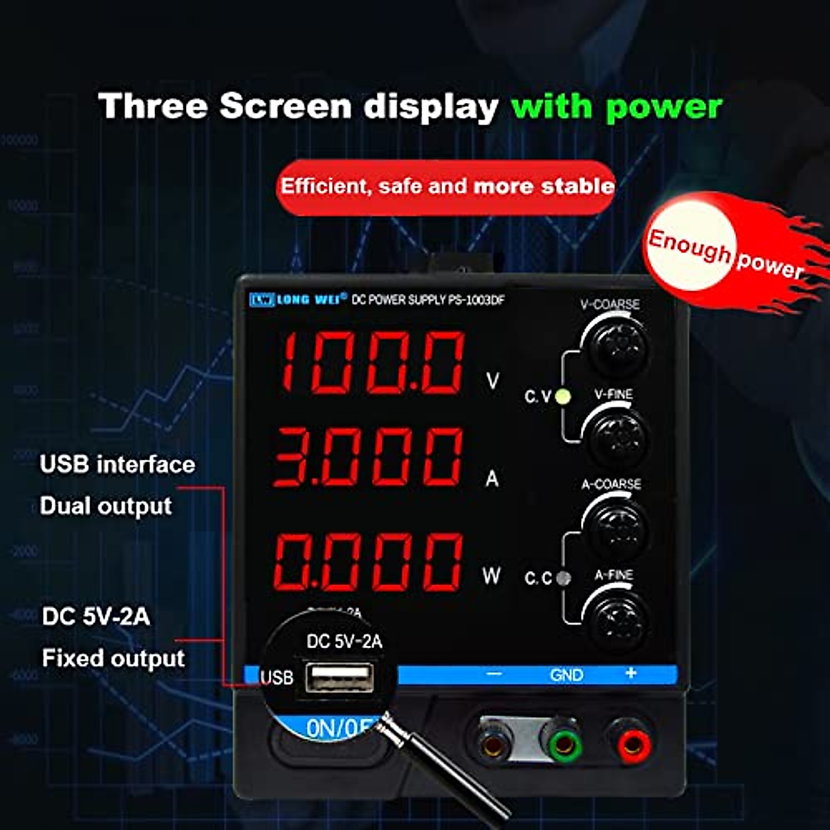 Lwlongwei Lab DC Power Supply Variable, 100V 3A Adjustable Switching Regulated DC Bench Linear Power Supply with 4-Digits LED Power Display, Coarse and Fine Adjustments with Alligator Leads Black