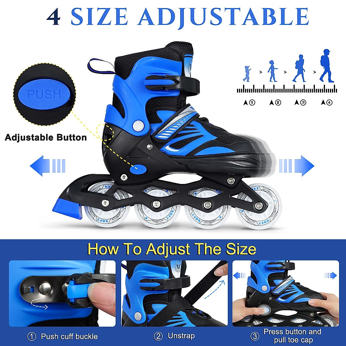 DIKASHI Black Blue Adjustable Inline Skates Boys Girls Kids Size,Light Up Beginner Roller Blades Skates for Boys Girls Kids Outdoor