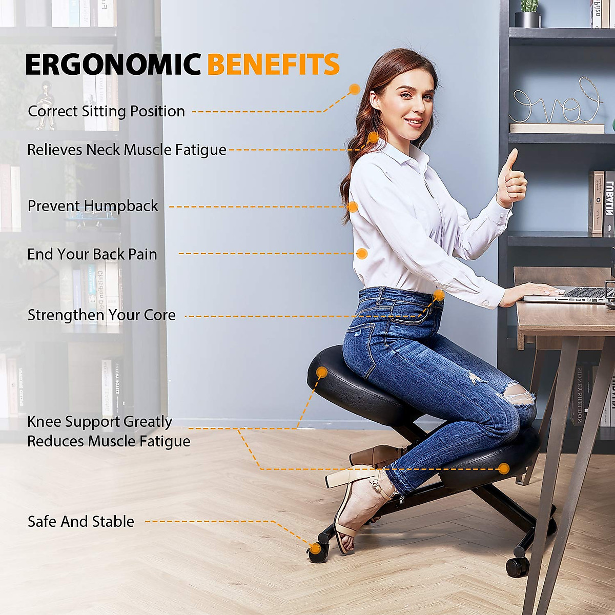 Himimi Ergonomic Kneeling Chair - Faux Leather - Thick Comfortable Moulded Foam Cushions - Brake Casters, Adjustable Stool for Home & Office