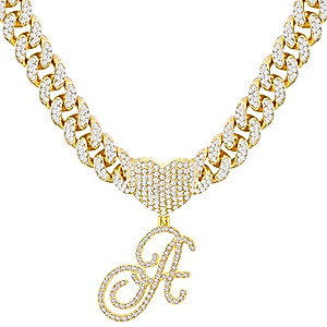 PTJDSMF Gold Initial Cuban Link Chain for Women Miami Iced Out Chain for women Bling Diamond Chain Necklace Hip Hop Jewelry (A)