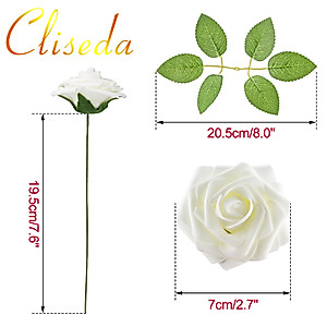 Cliselda 50Pcs Artificial Flowers Ivory White Fake Roses with Stems, Valentine's Day, Real Touch Foam Rose Bulk Faux Flowers for Decoration Centerpieces Party Flower Arrangements