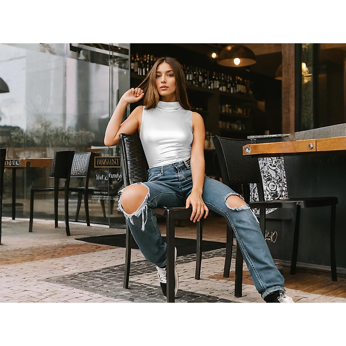 Javly Women's Sleeveless Turtleneck Metallic Dance Leotard Shiny Spandex Mockneck Bodysuit Halloween CustumesSilver S…