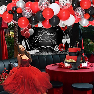 Red Black and Silver Party Decorations for Women Birthday Party Supplies Red Black and Silver Balloon Garland Silver Glitter Happy Birthday Backdrop High Heels Champagne Glass Background