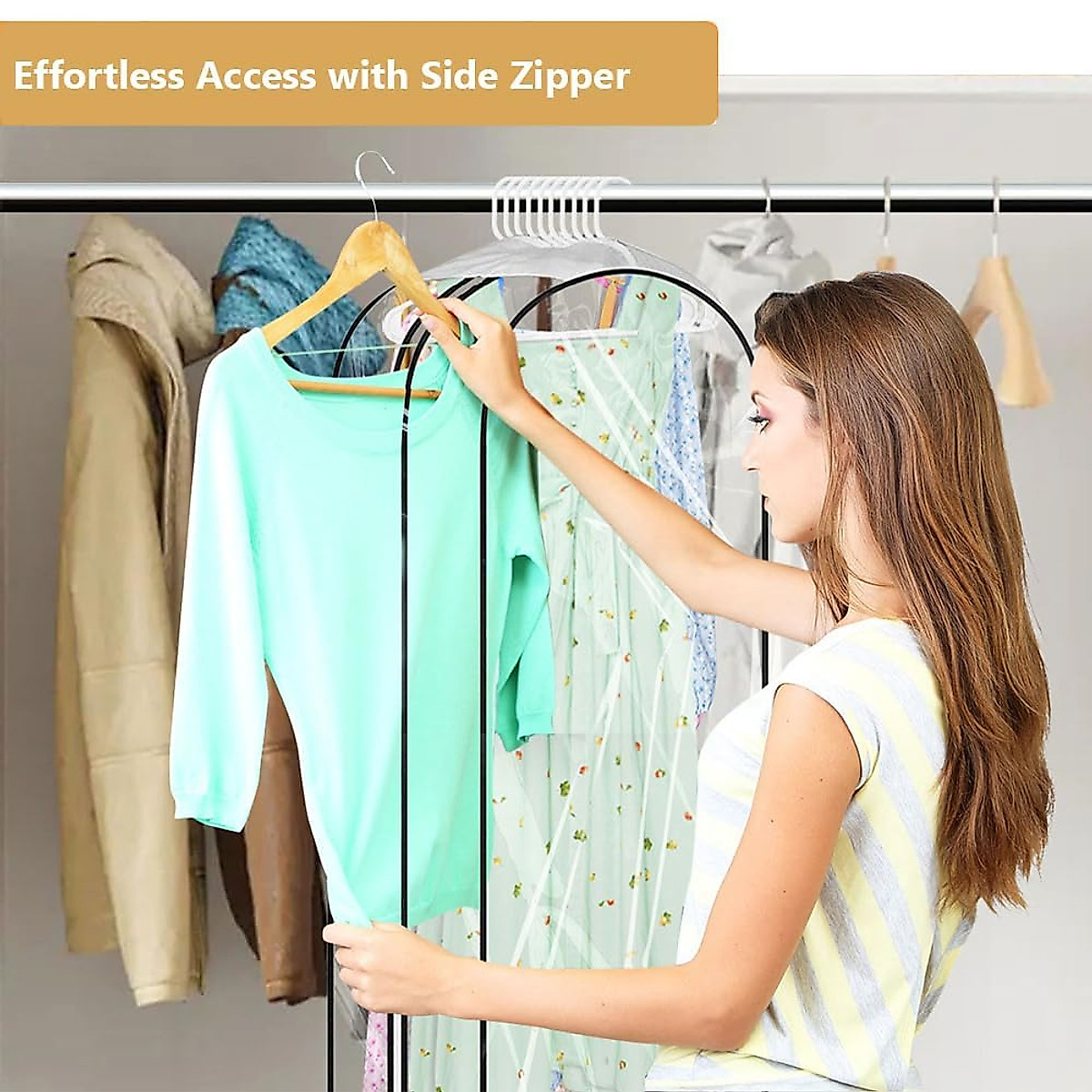 60 Inch Long Garment Bags for Hanging Clothes, 10 Gusseted Clear Garment Bags for Storage, Dress Bags for Gowns long with Side Zipper, Clothes Storage Bag for Coats, Gowns, Suits, Sweaters（3 Packs）